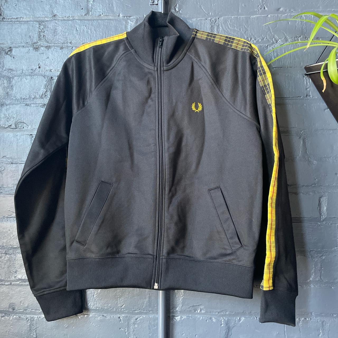 Fred Perry track jacket in black with yellow tartan... - Depop
