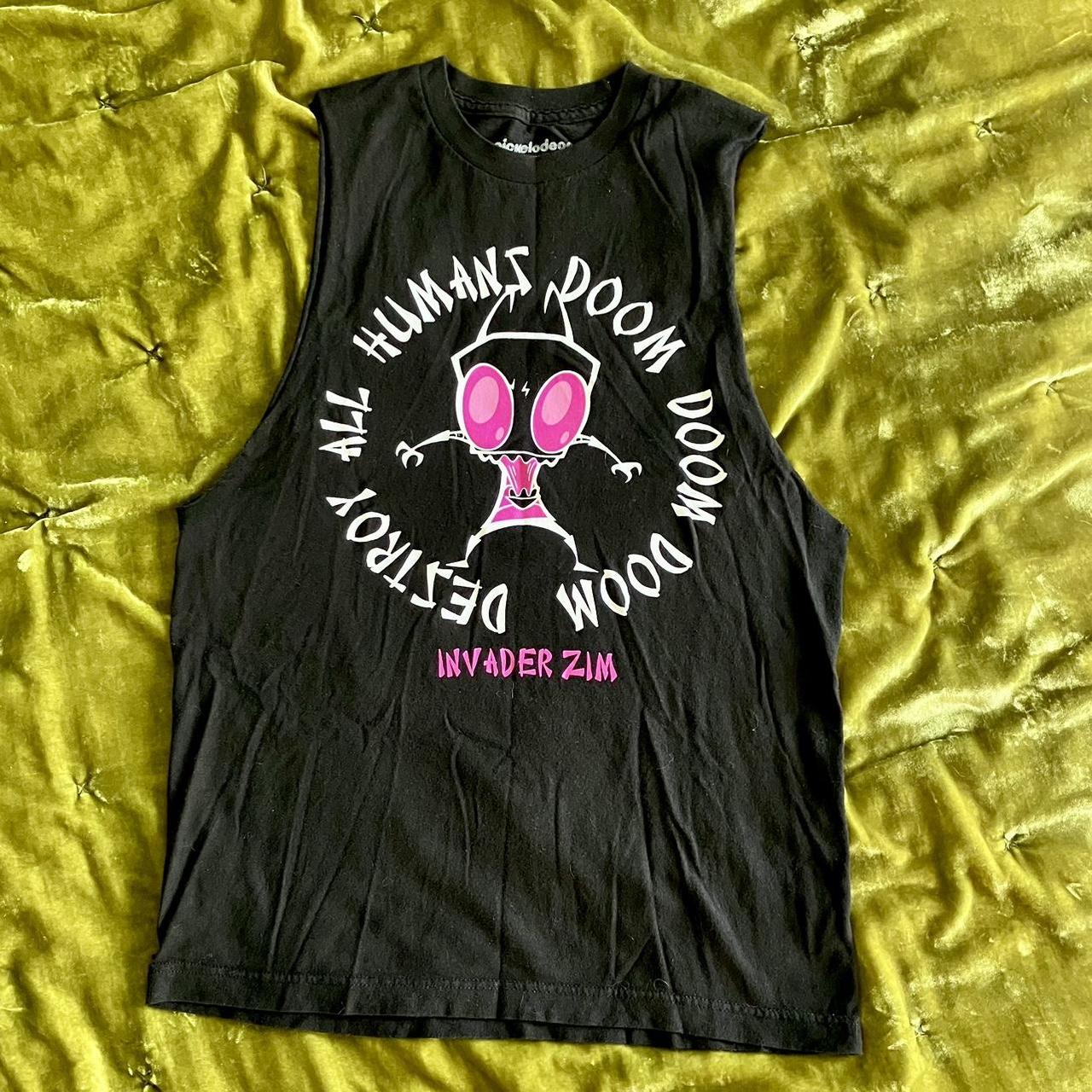 Black and pink Invader Zim muscle tank. Small hole... - Depop