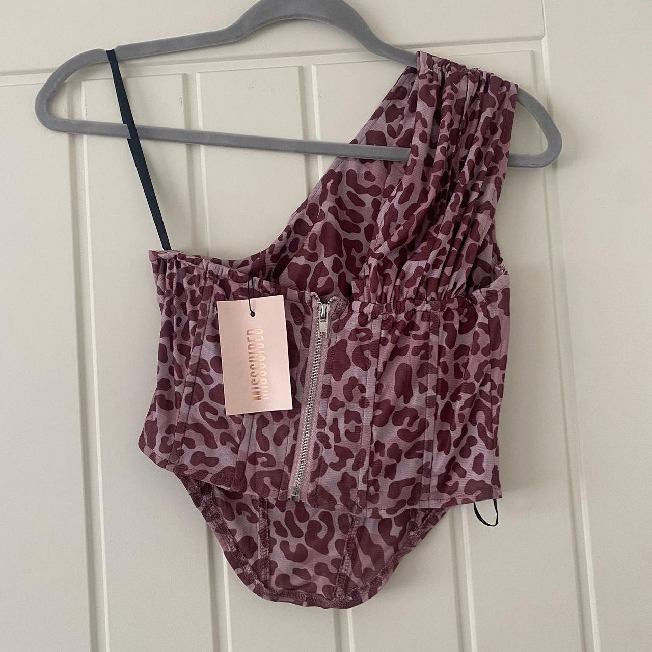 Missguided one shoulder corset top in pink leopard... - Depop