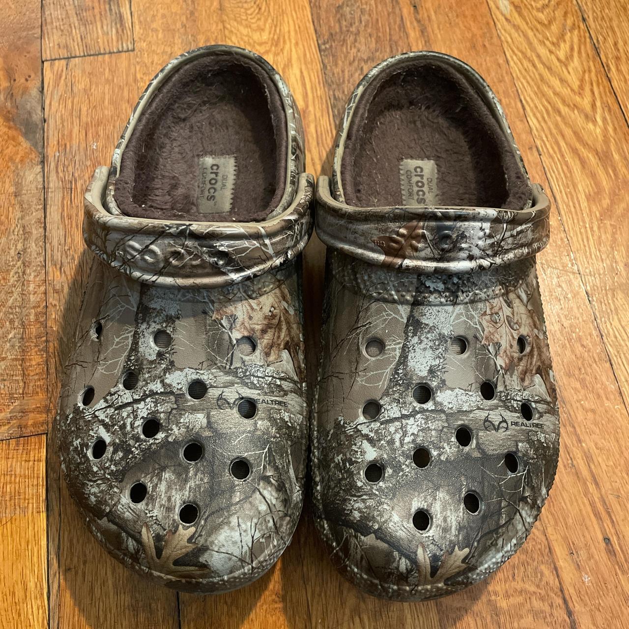 Camo fuzzy crocs / size US m6/w8 - Depop