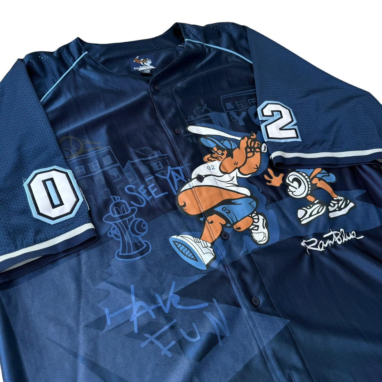 Raw Blue Y2K Graphic Baseball Jersey Fat Albert Fubu... - Depop