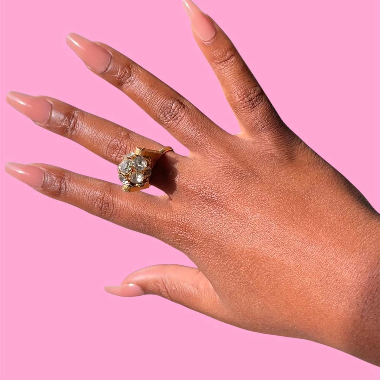 Faux gold rhinestone cocktail ring with adjustable... - Depop