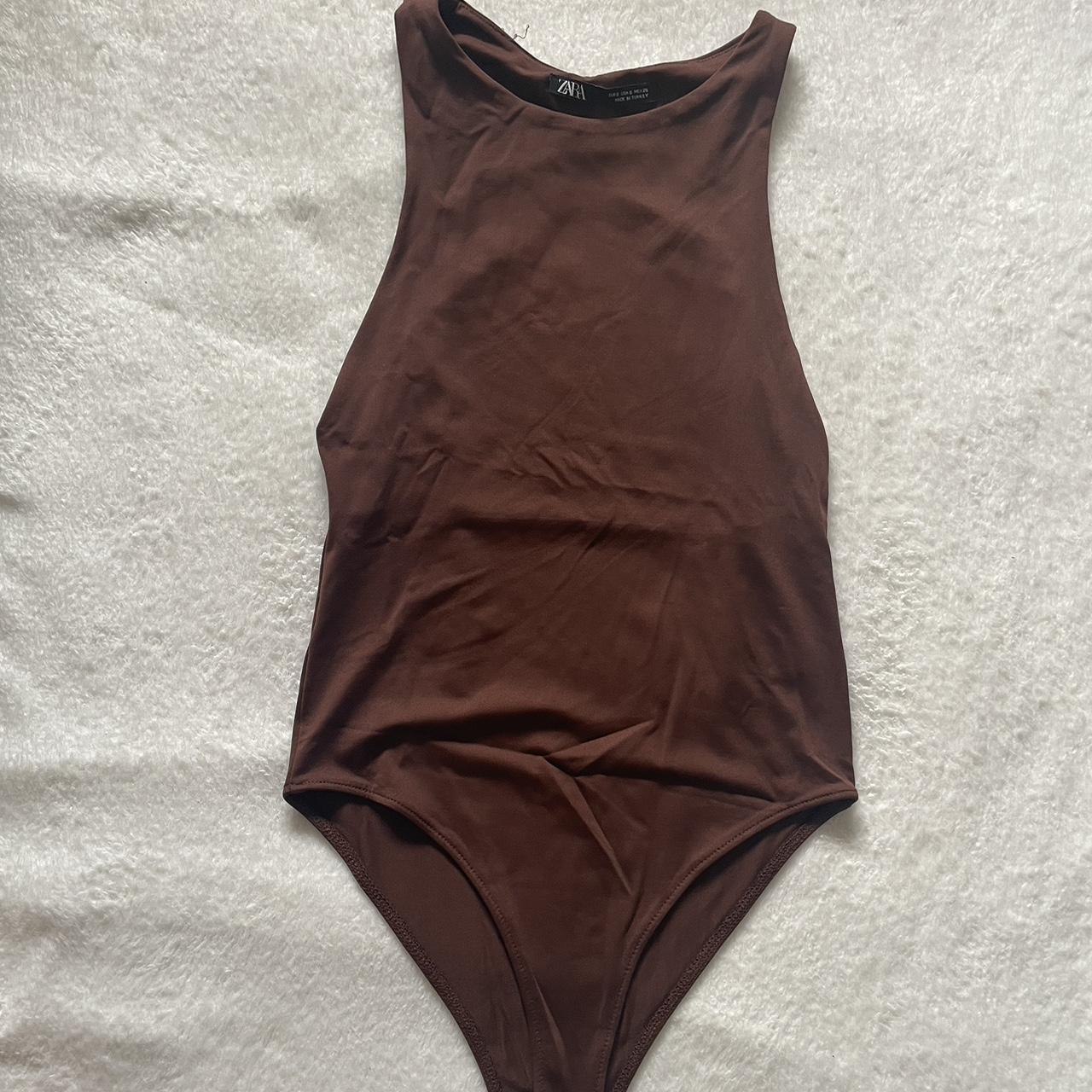 Zara brown slinky racer style bodysuit, with button... - Depop