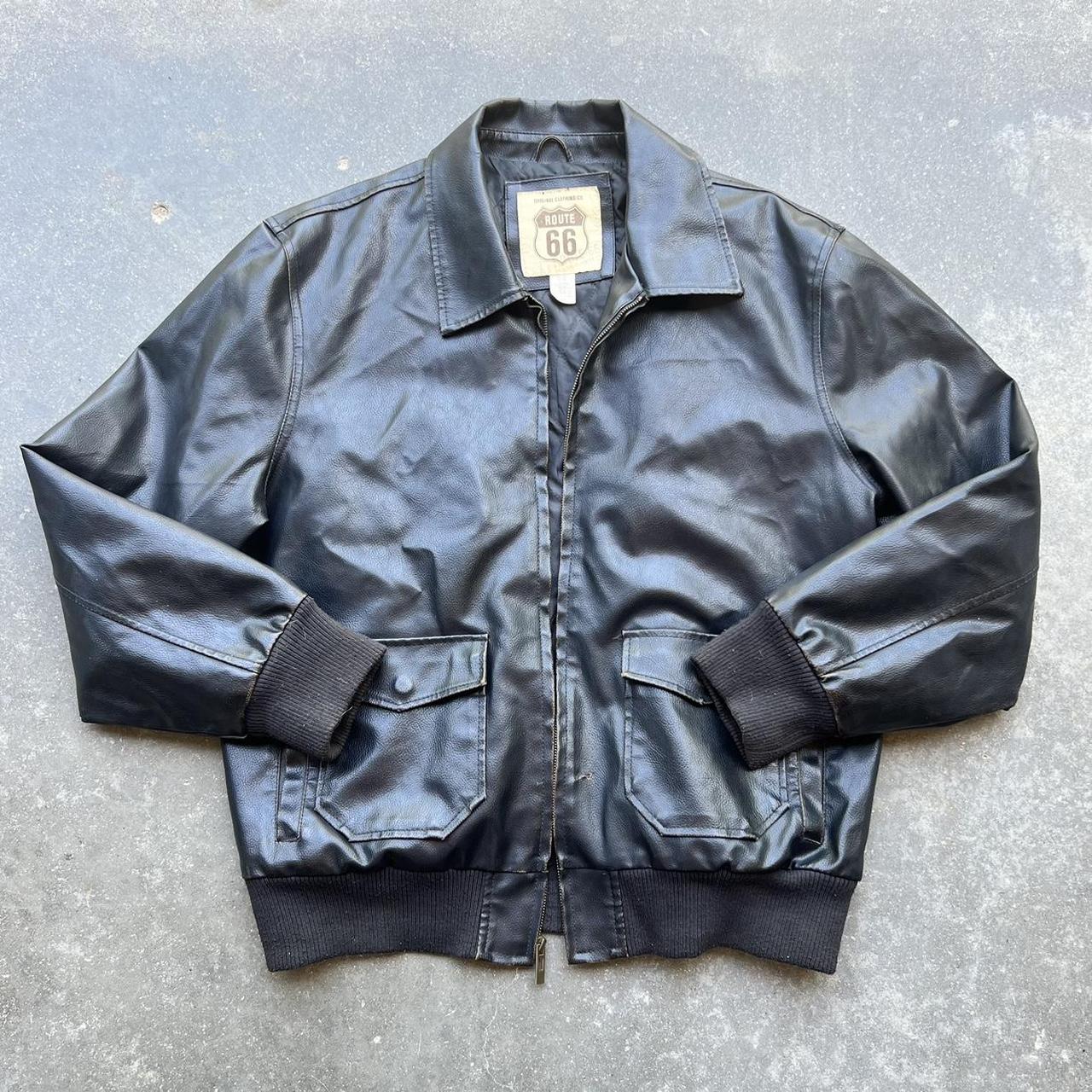 vintage route 66 black leather bomber jacket size... - Depop