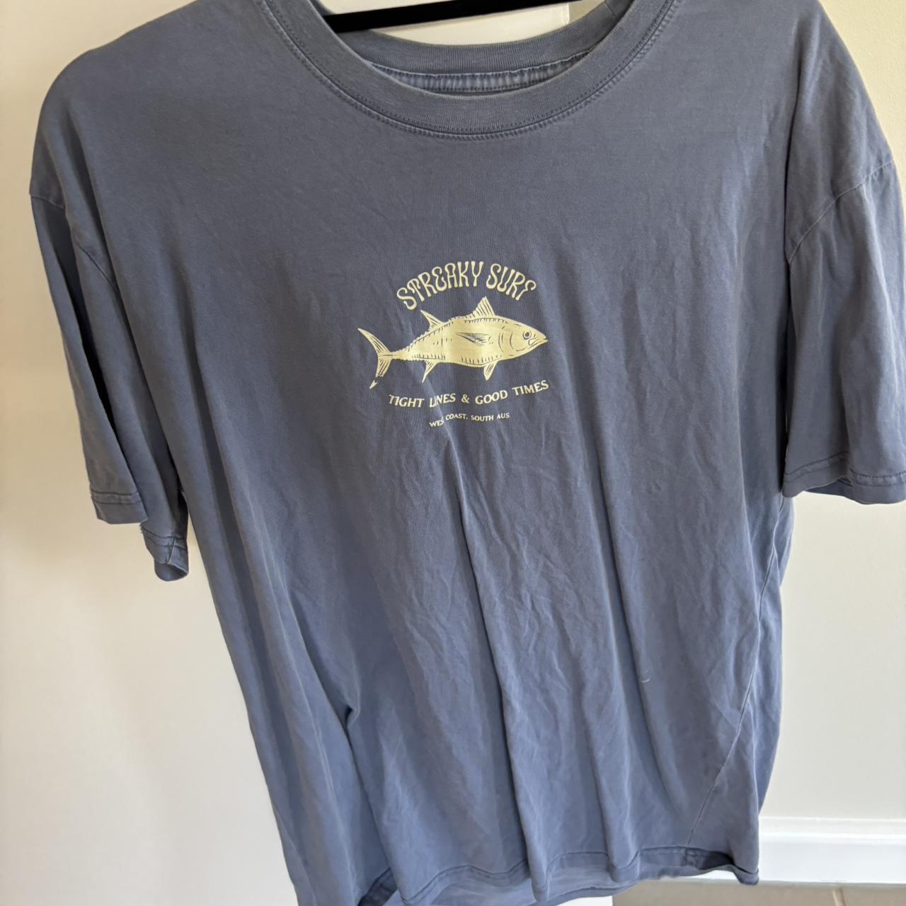 Large streaky surf blue fish shirt Nil stains Worn... | Depop