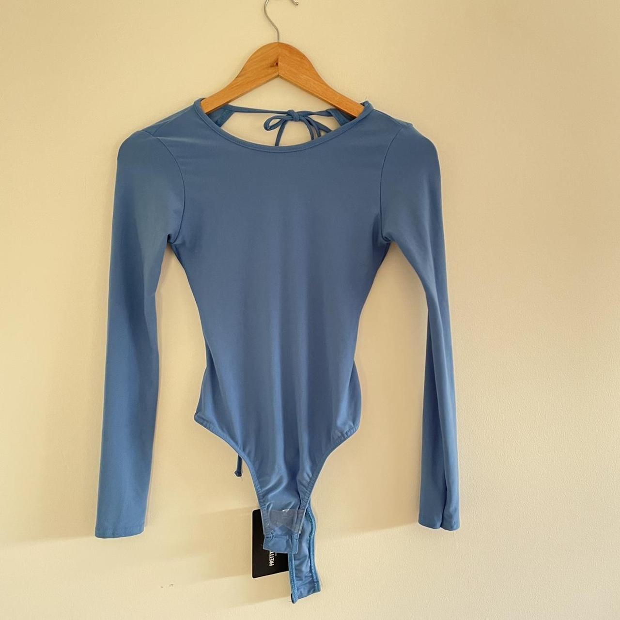 Pretty Little Thing Blue Backless Tie Bodysuit Size... - Depop