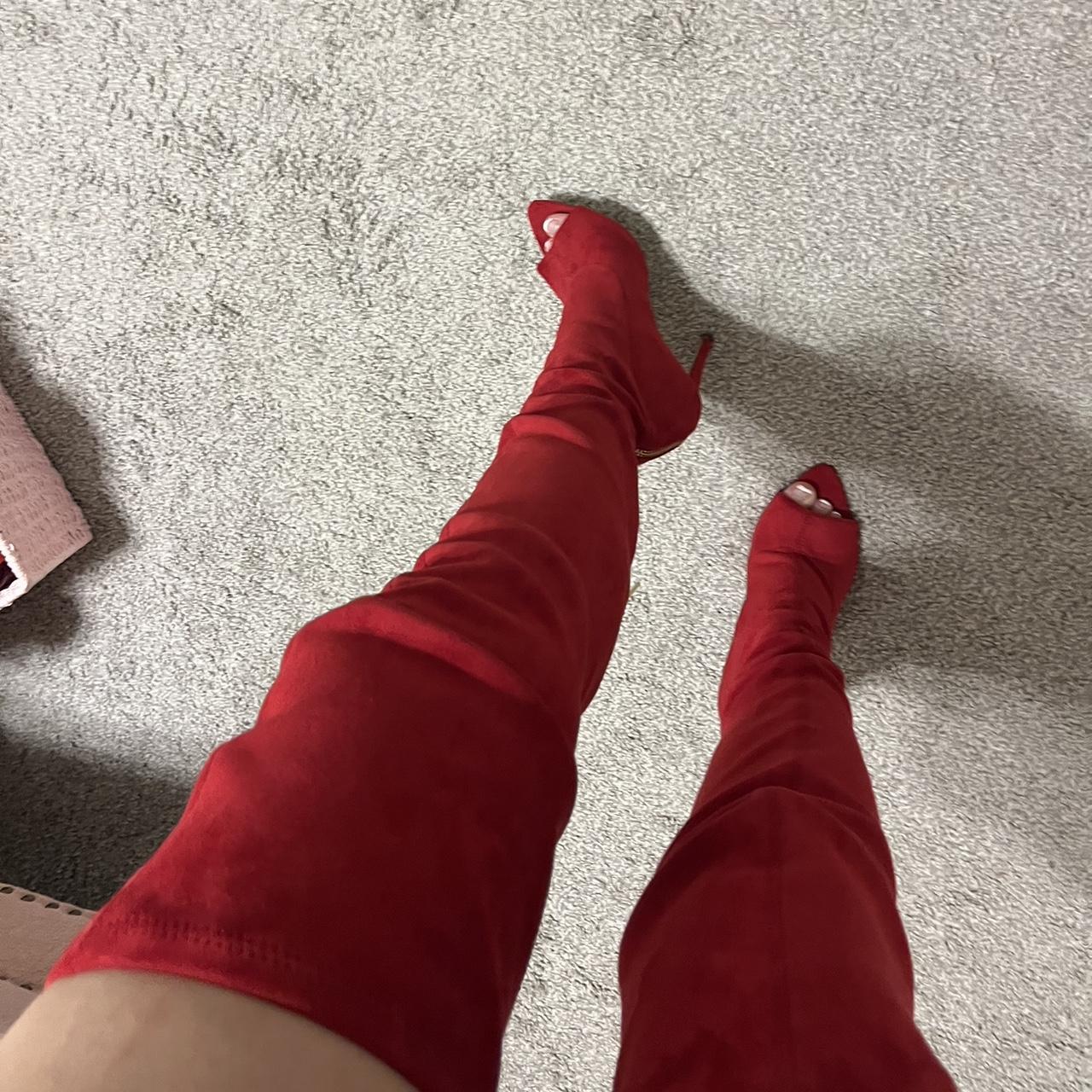Red thigh high heeled boots! Gorgeous suede material... - Depop