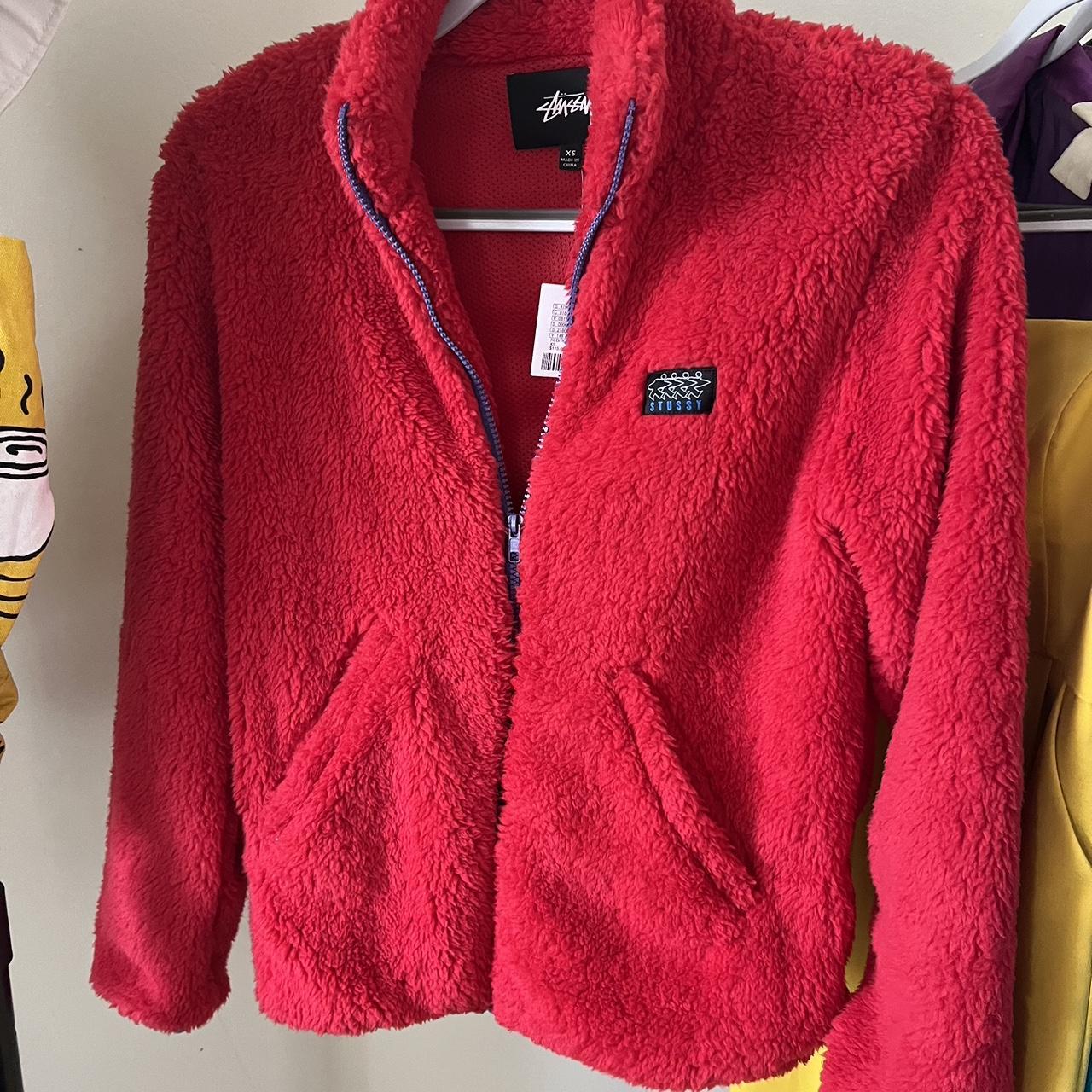 Stussy Red fuzzy jacket. Inside is lined with a mesh... - Depop