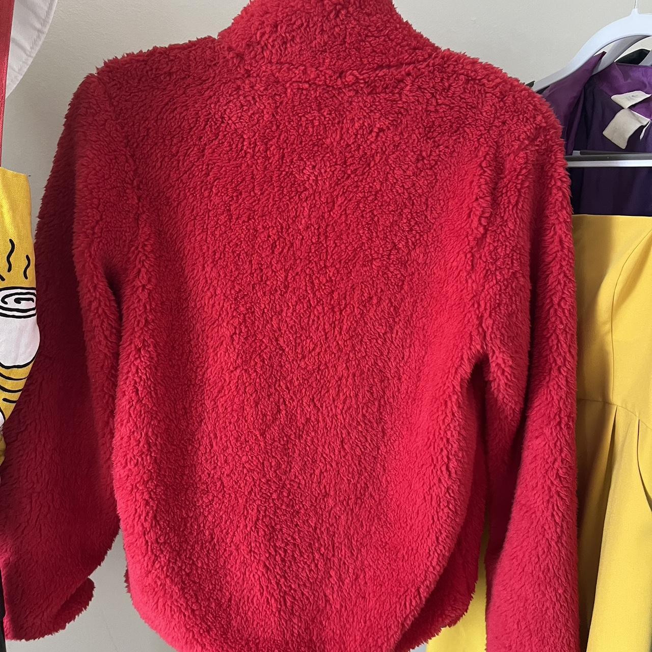 Stussy Red fuzzy jacket. Inside is lined with a mesh... - Depop