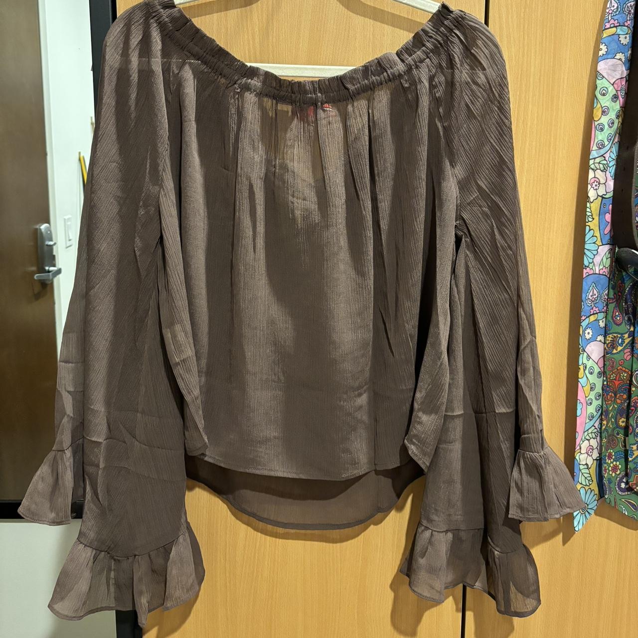 sheer brown off the shoulder bell sleeve sheer top... - Depop