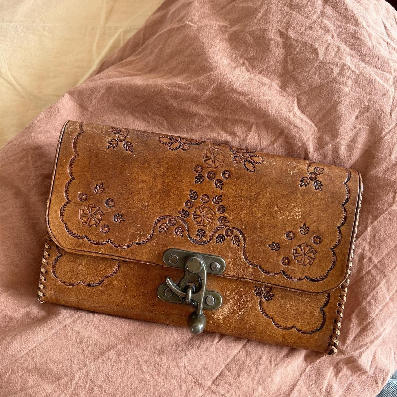 Incredible vintage tooled leather wallet with latch... - Depop