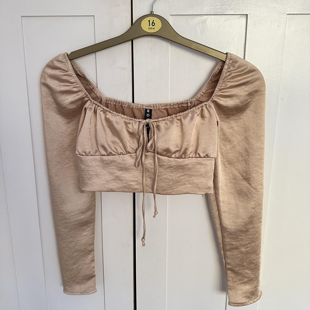 Motel Women's Tan and Gold Crop-top | Depop