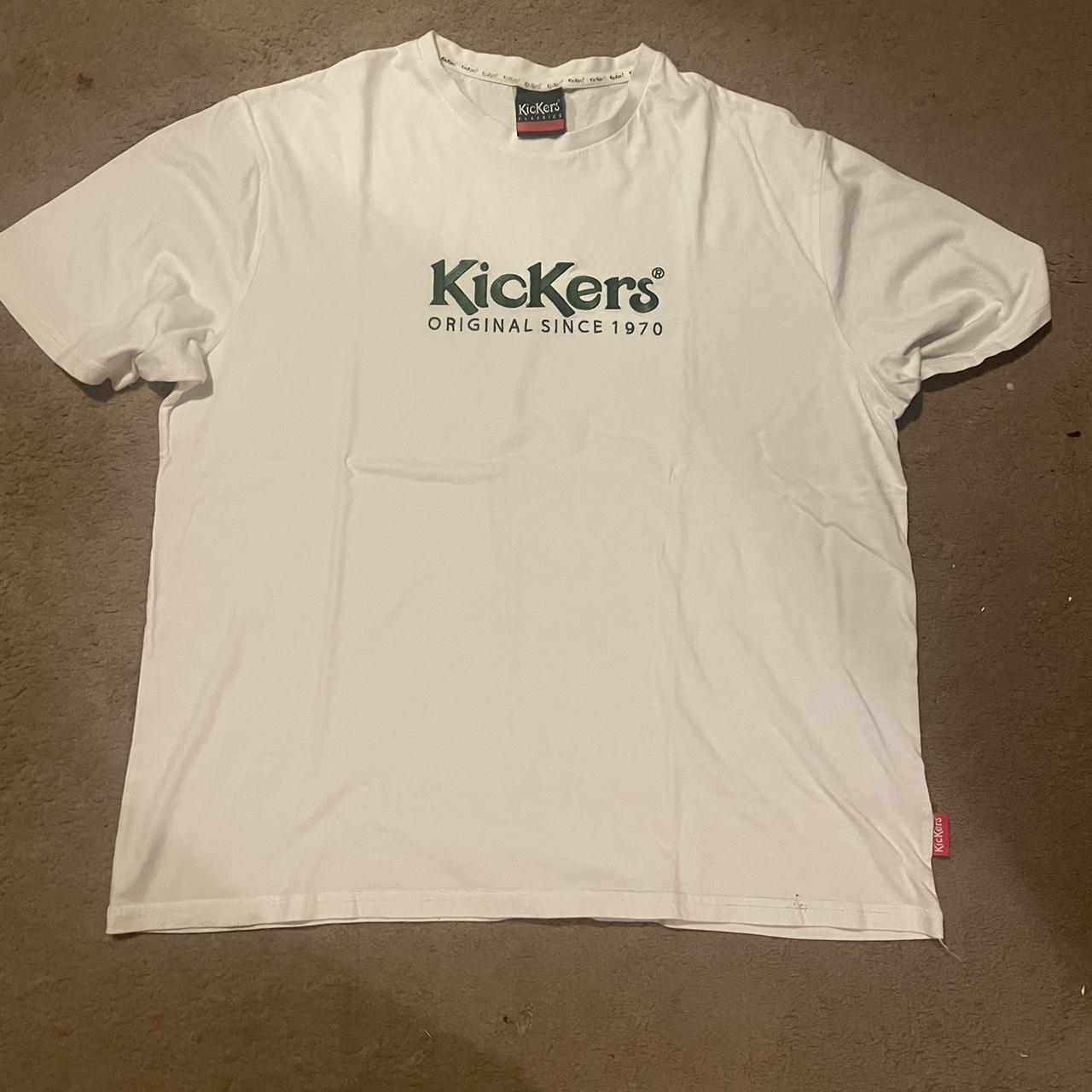 Cream/white kickers t shirt with green text Perfect... - Depop