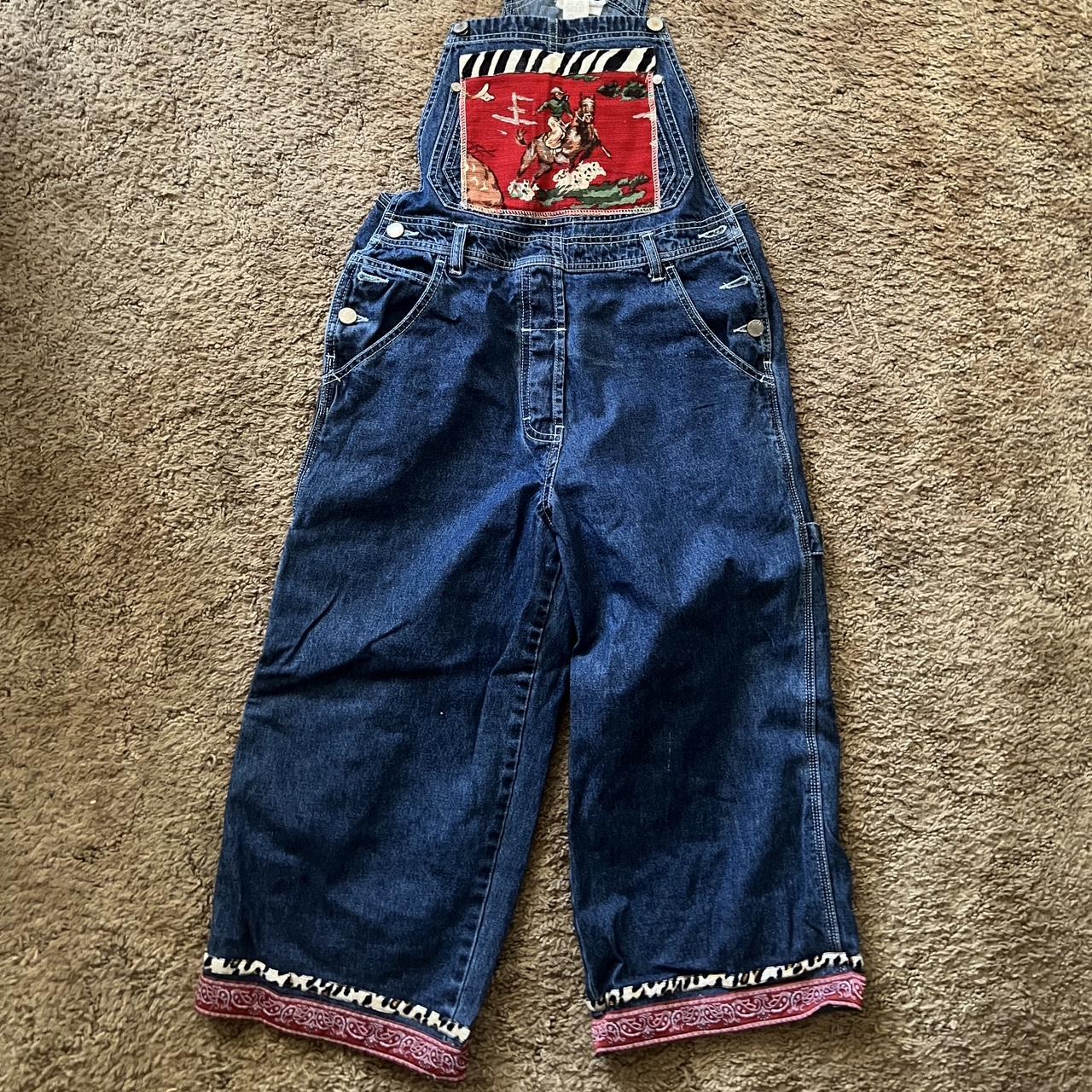 Medium Wash Denim Overalls with Hand Painted... | Depop