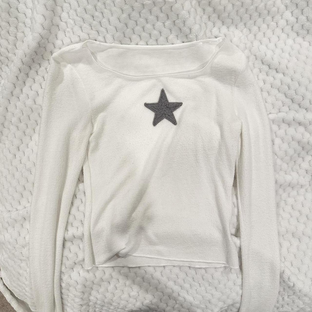 y2k acubi style white long sleeve with a gray... - Depop