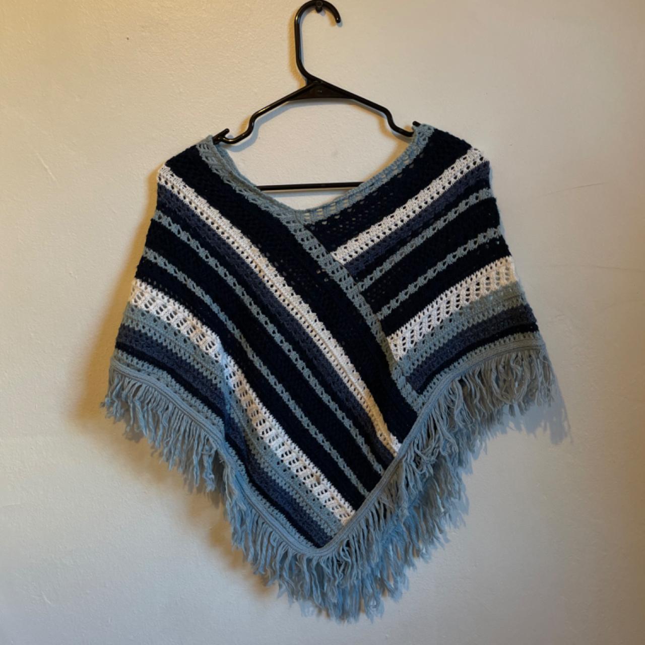 Blue and white crotchet poncho #twee #cottagecore... - Depop