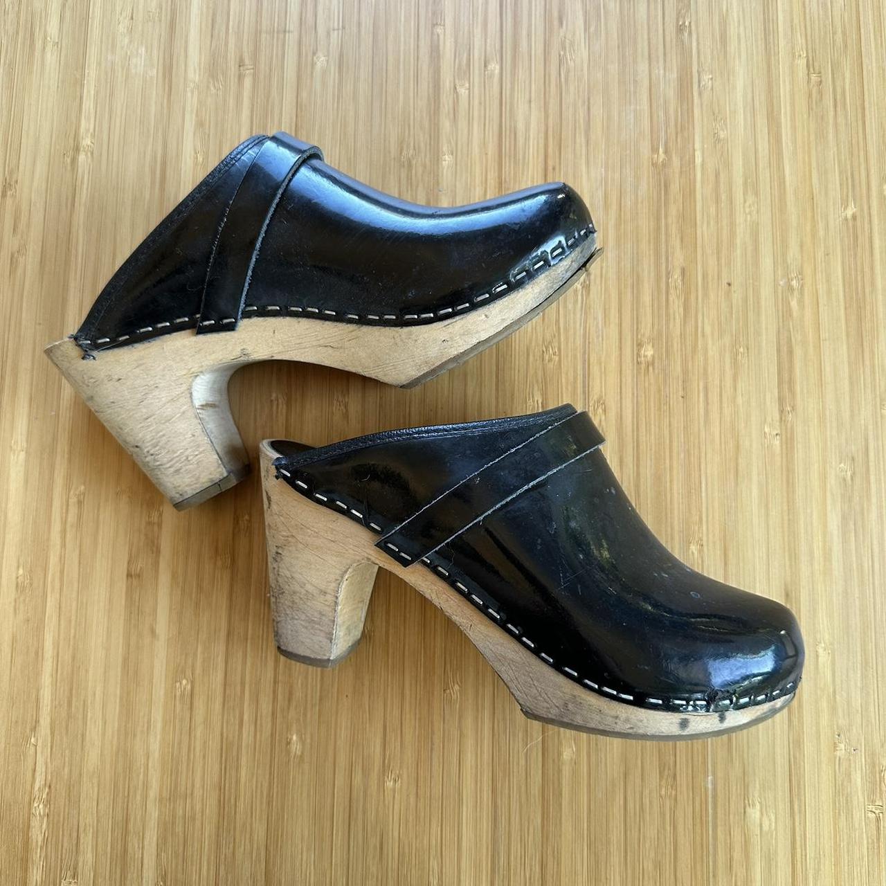 Black patent leather clogs with wooden block heel... - Depop