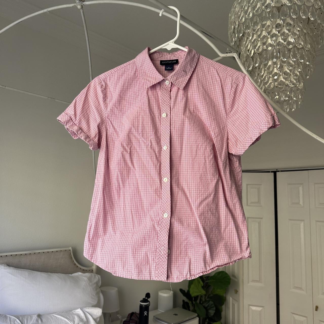 ann taylor pink striped button down shirt collared... - Depop
