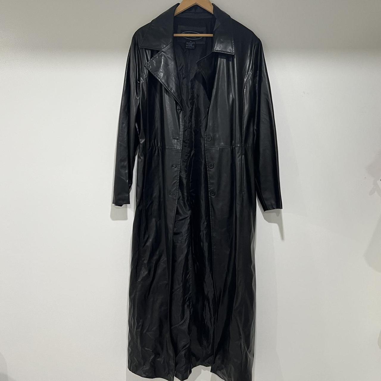 vintage long pvc black faux leather trench coat by... - Depop