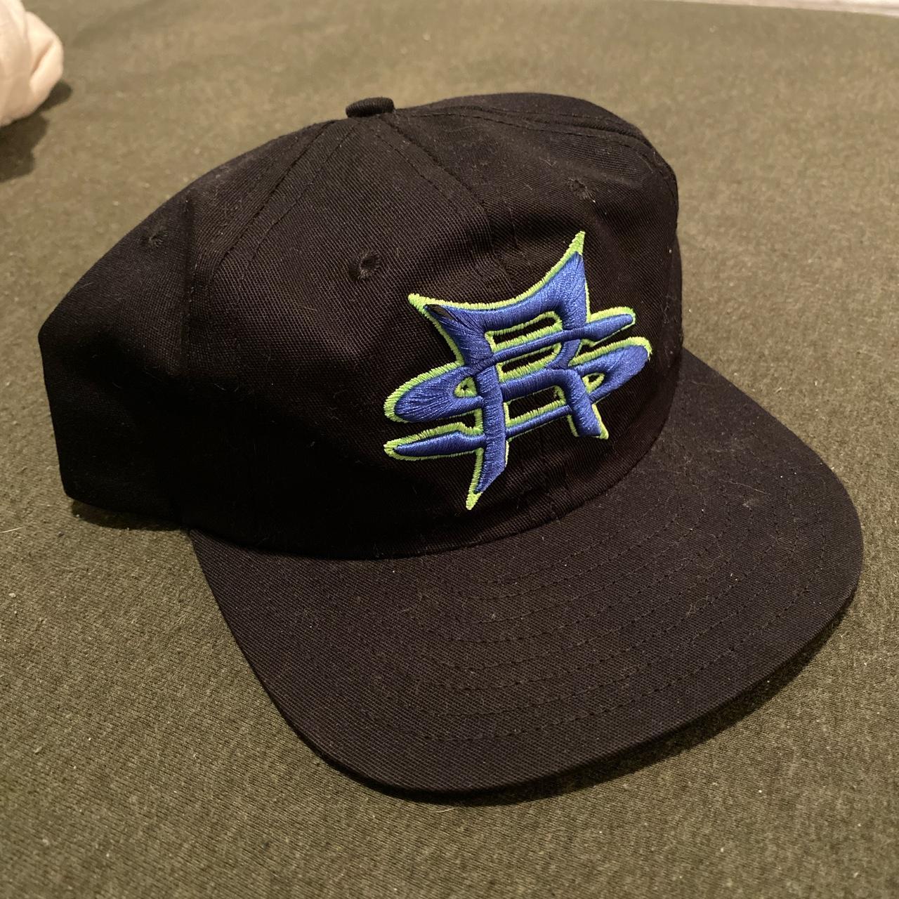 Stray Rats snap back hat royal blue and neon green... - Depop