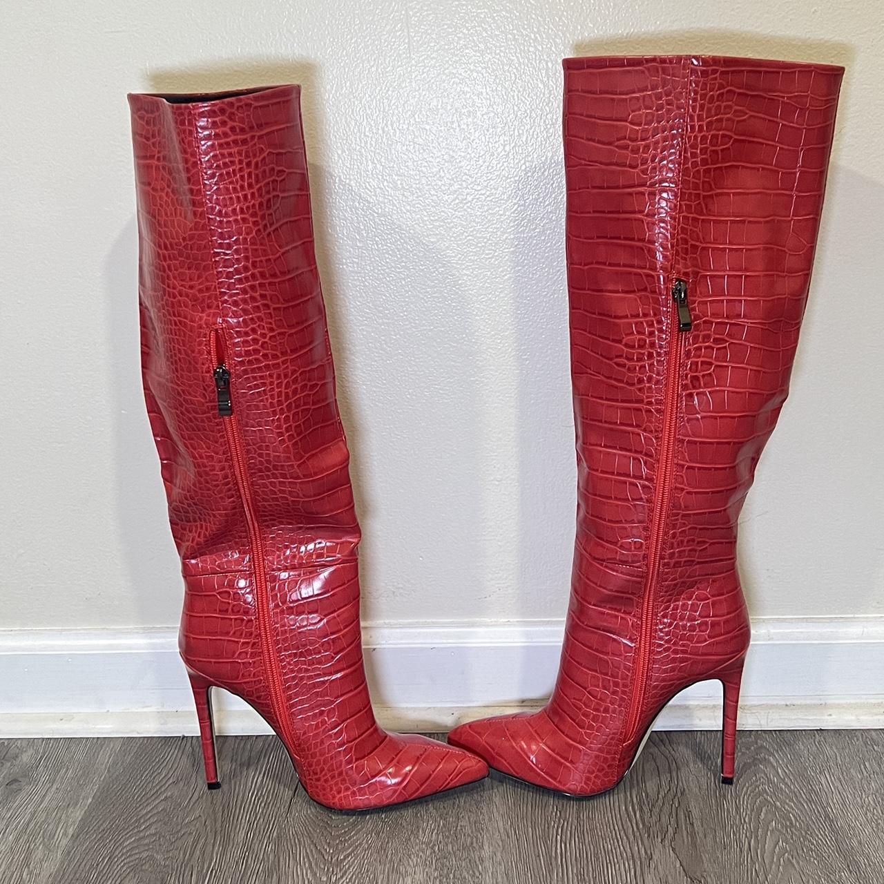 -Red croc print stiletto knee boots -size 6, sold... - Depop