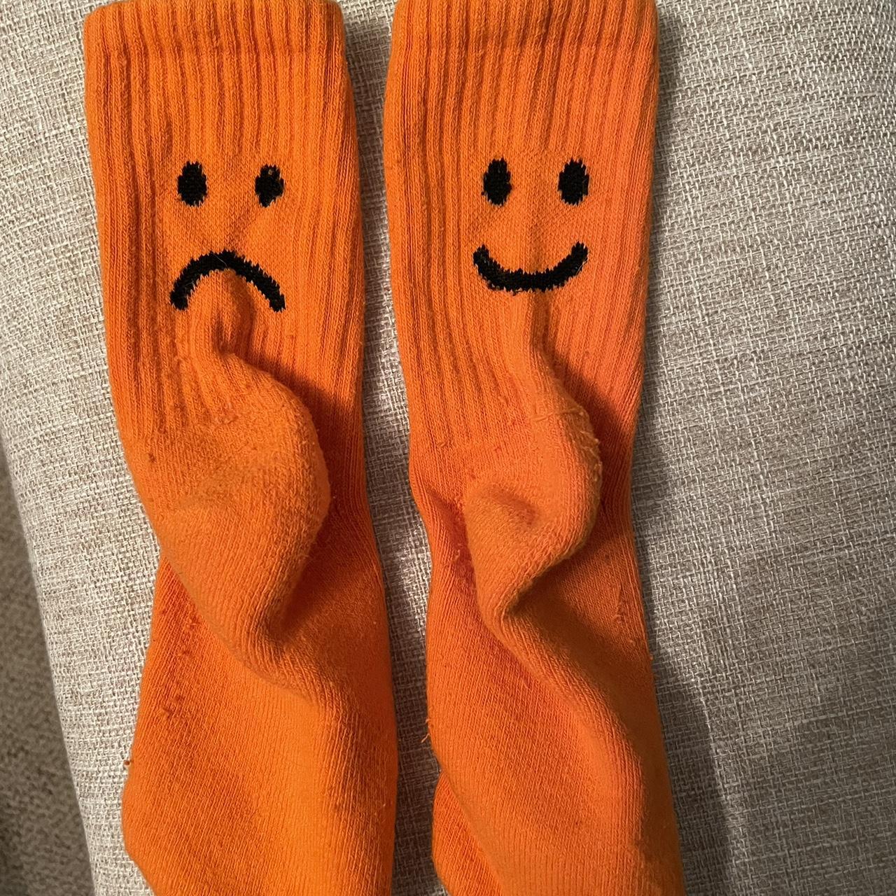 Lazy Oaf happy sad face orange socks, worn like two... - Depop