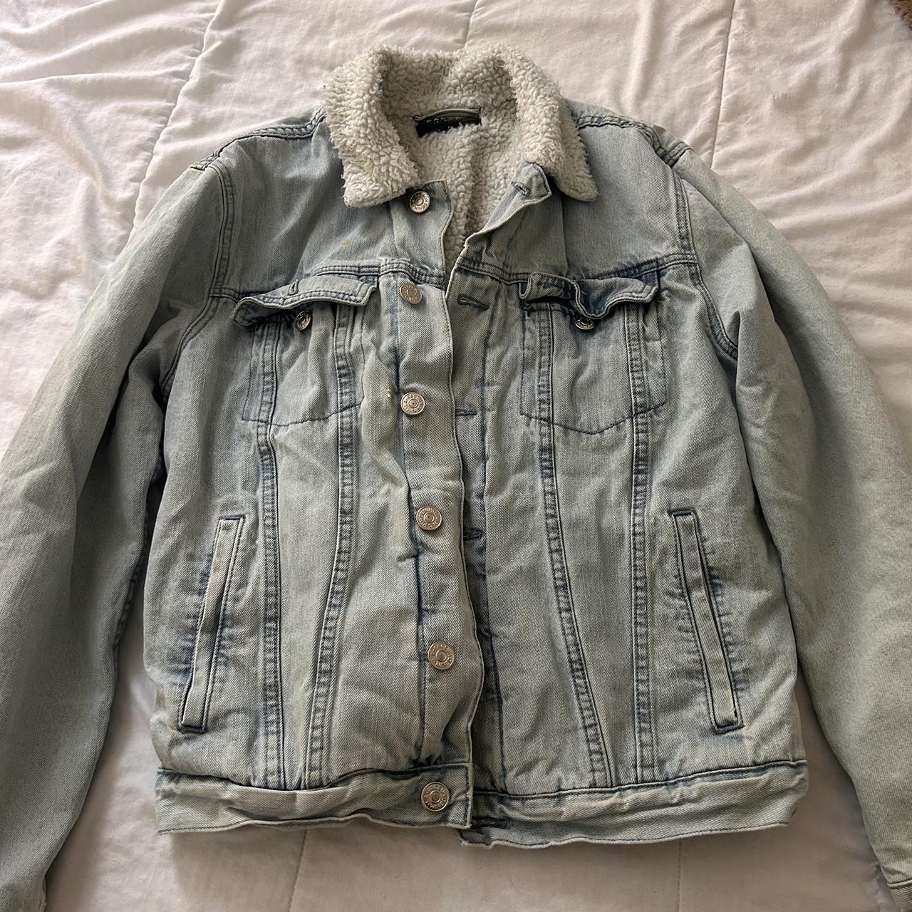 medium light blue denim jacket with sherpa lining... - Depop