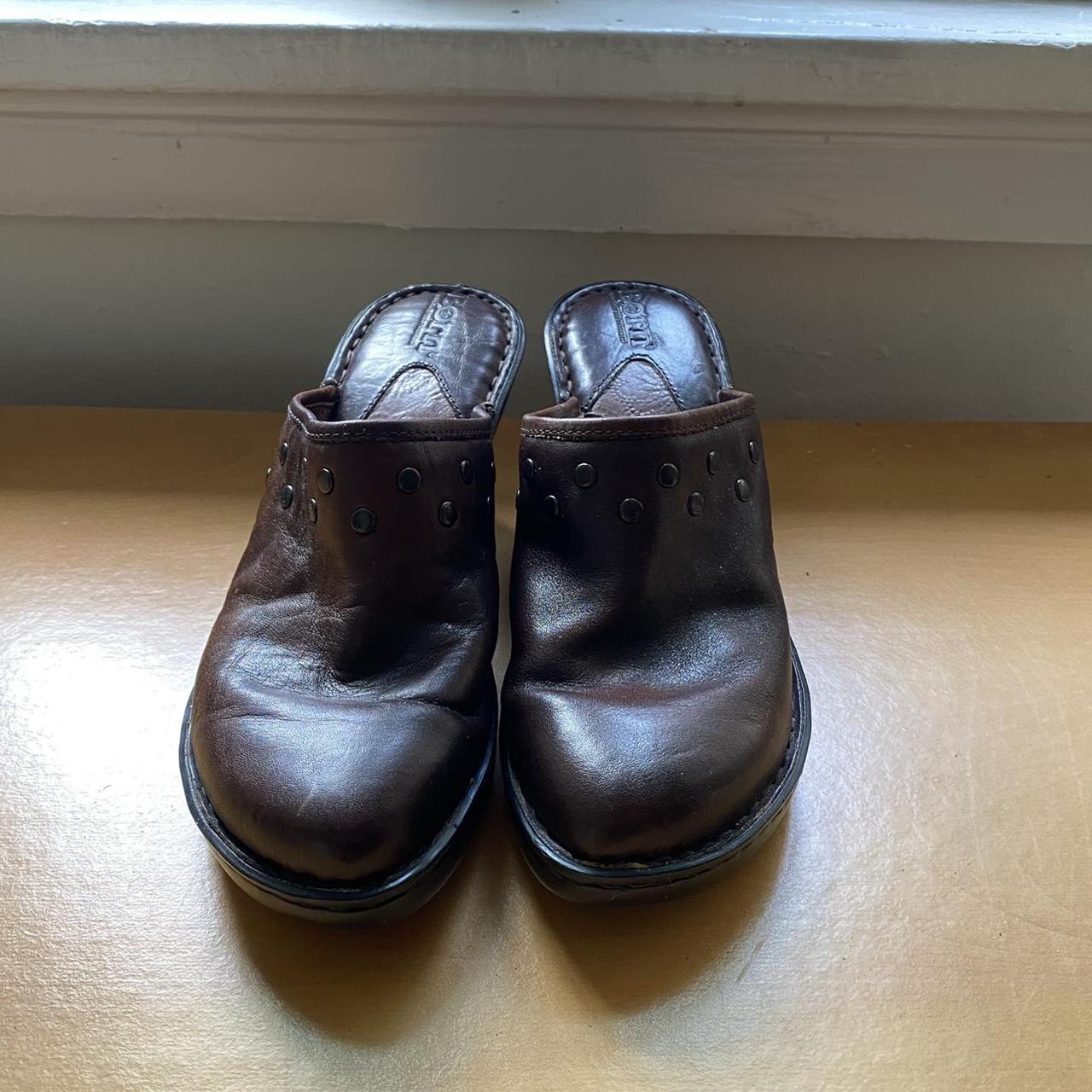 Brown vintage clogs with metal embellishments. Brand... - Depop