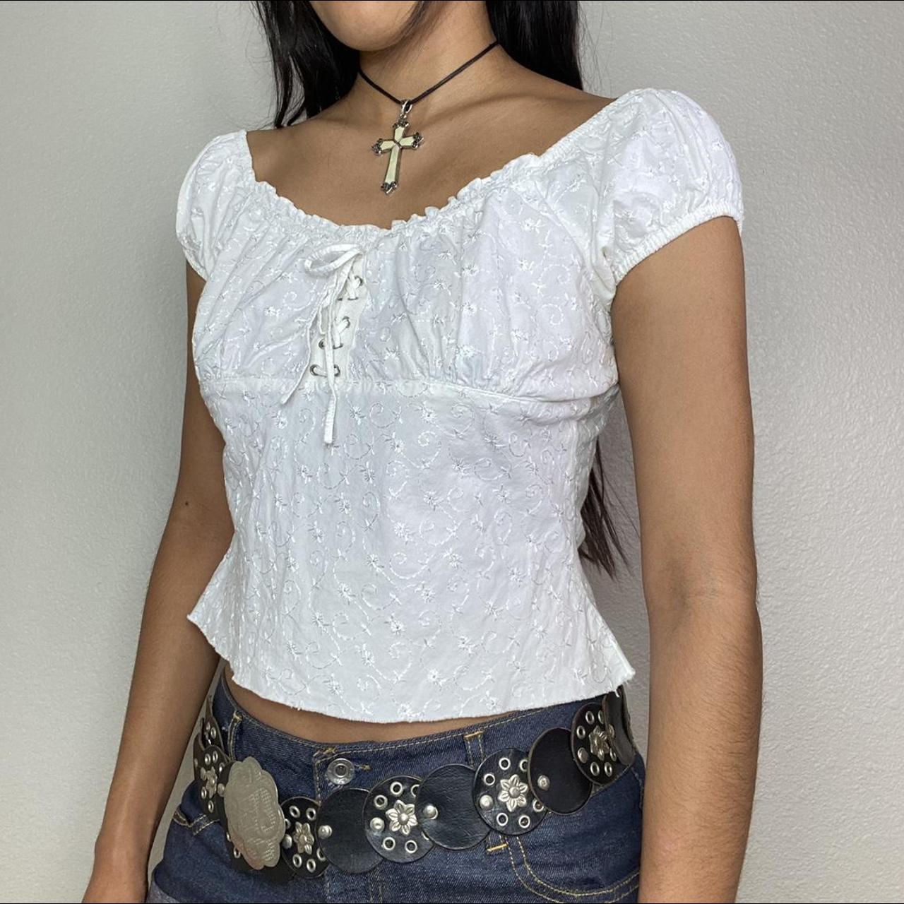 EYELET MILKMAID BLOUSE 2000s white eyelet milkmaid... - Depop