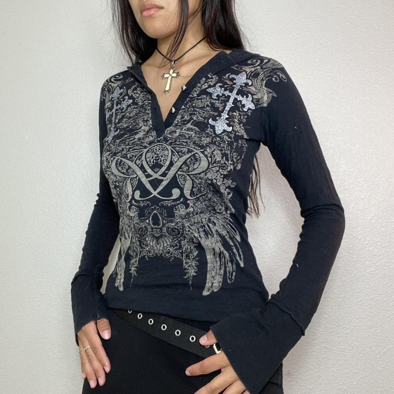 Y2K GOTHIC PUNK HOODED LONGSLEEVE #y2k #longsleeve... - Depop