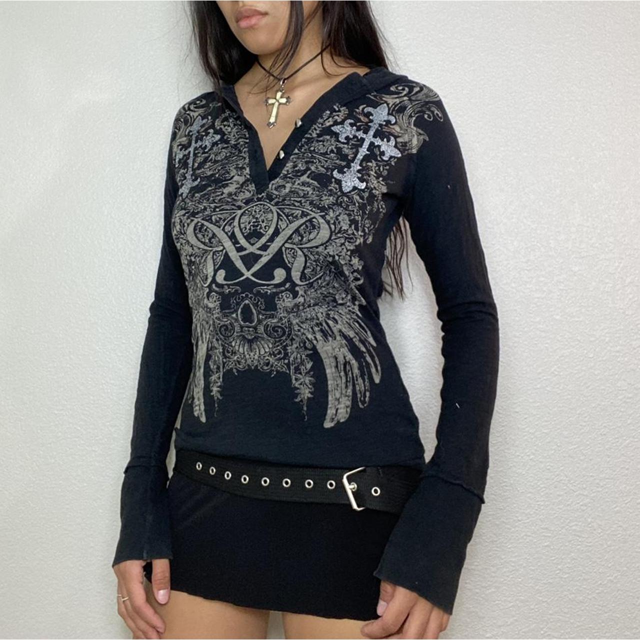 Y2K GOTHIC PUNK HOODED LONGSLEEVE #y2k #longsleeve... - Depop