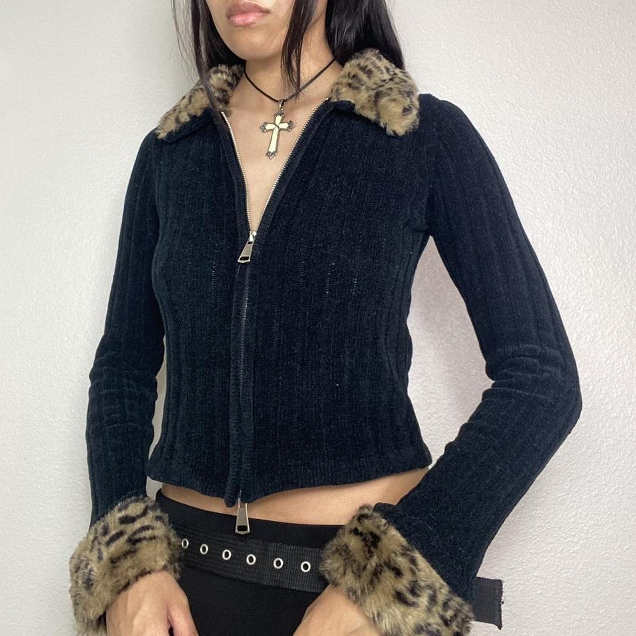 Y2K LEOPARD FUR TRIM KNIT JACKET #punk #y2k... - Depop