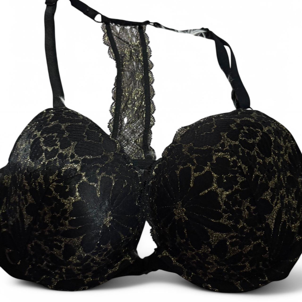 VICTORIA SECRET black n gold lace push up bra SIZE:36C | Depop