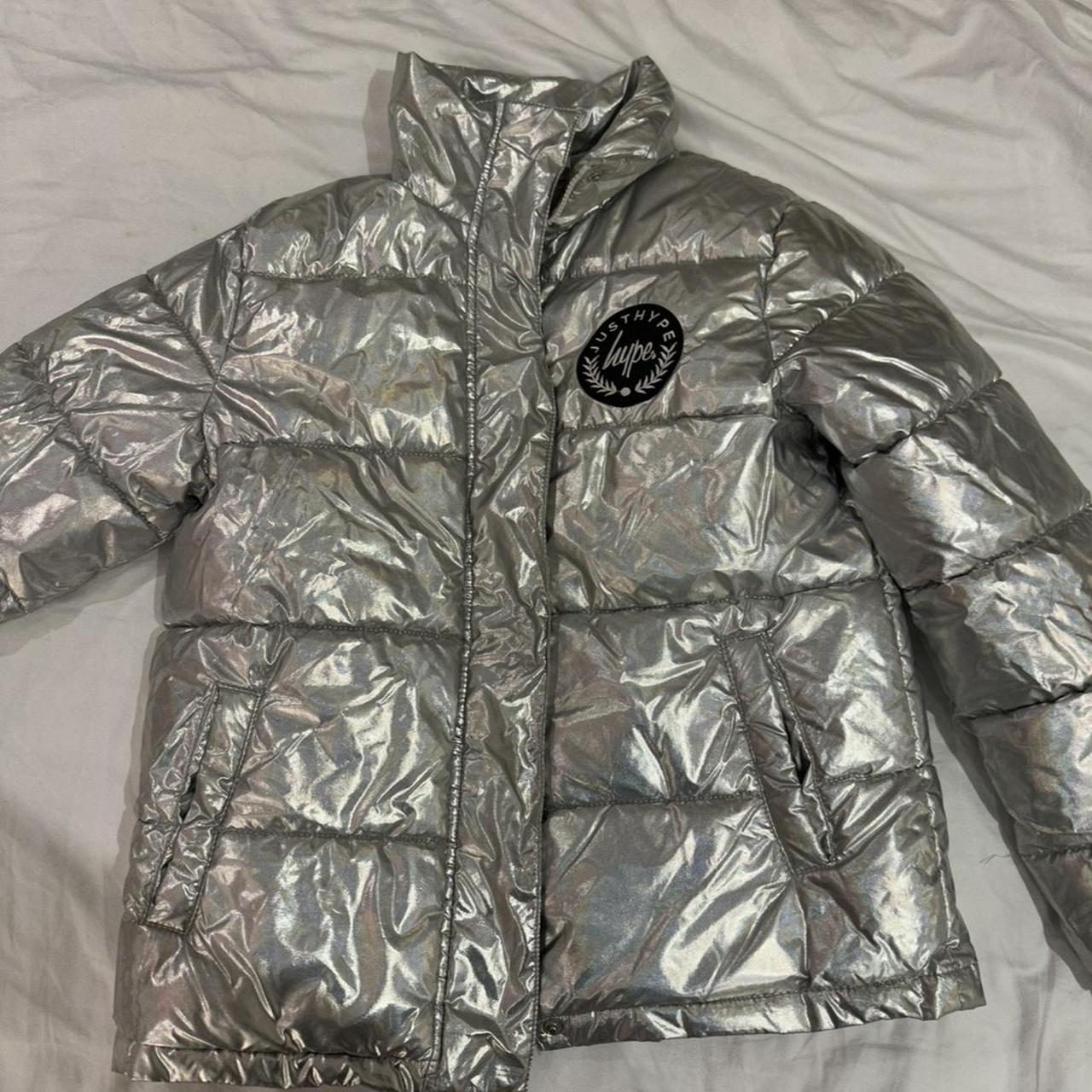 hype silver coat. fits me in a size 6 with a black... - Depop