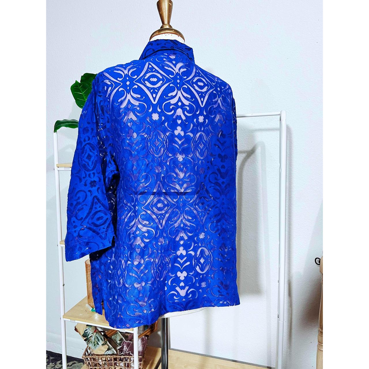 Sheer Abstract Ocean Blue Button Down... - Depop