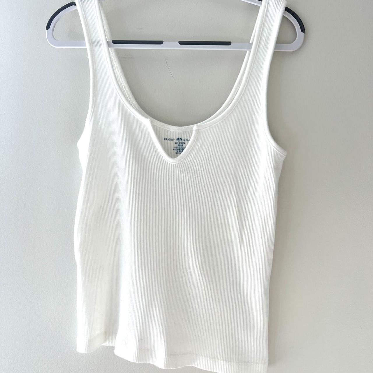 Brandy Melville White Ribbed Tank with V neck... - Depop