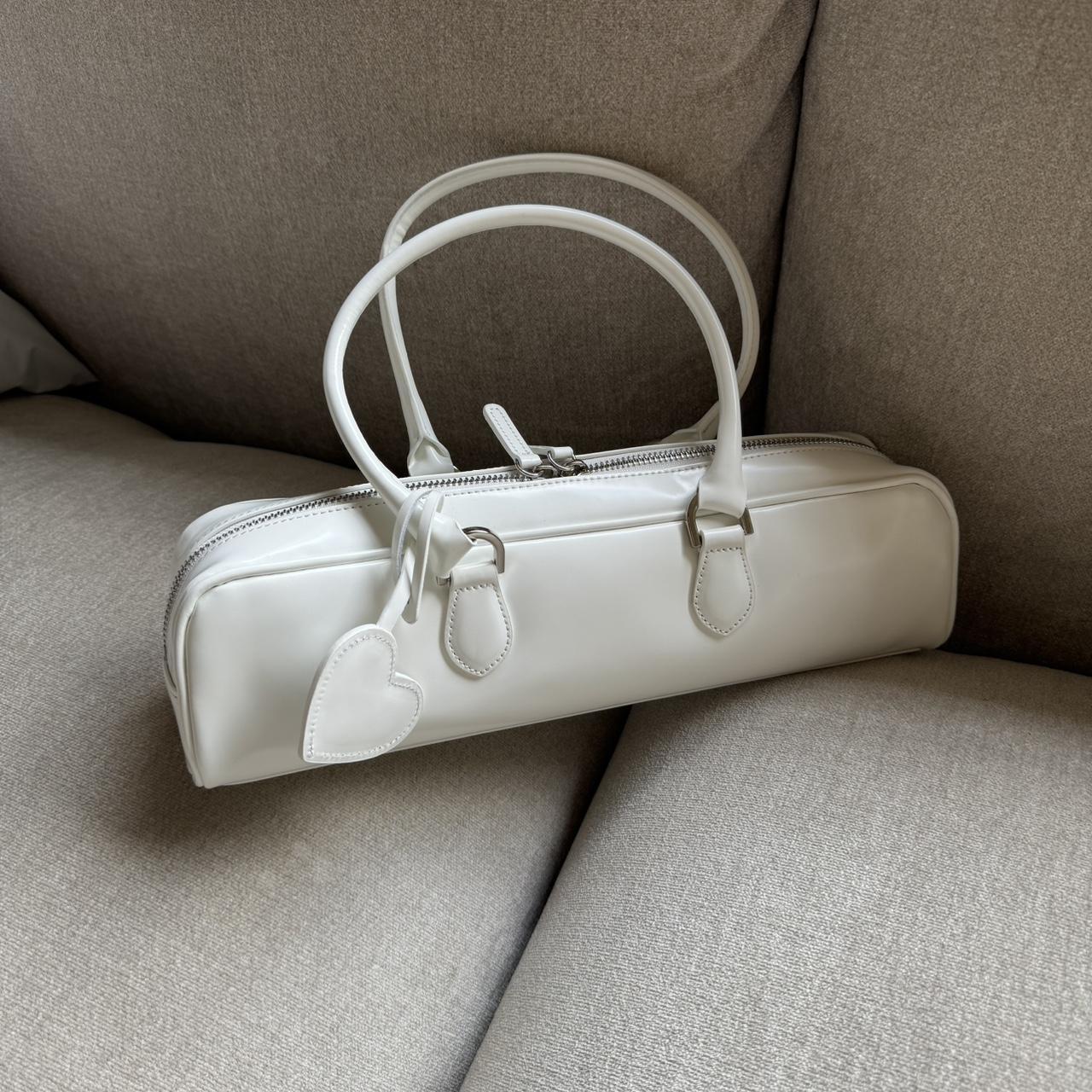 White leather skinny baguette handbag with heart... - Depop