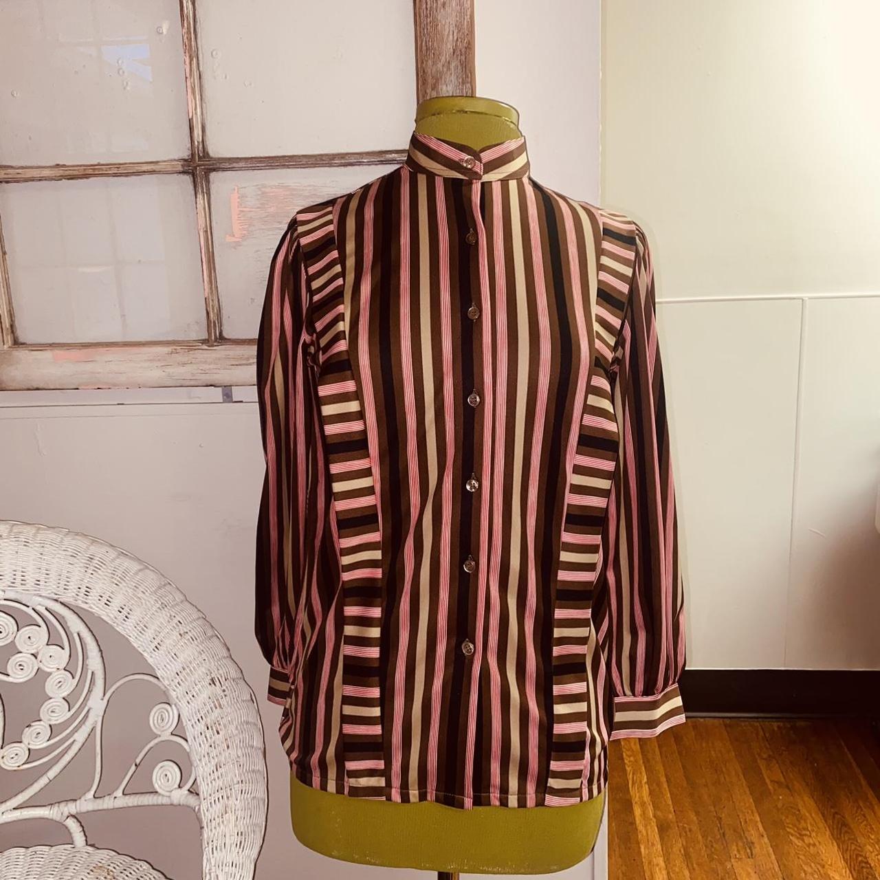 Vintage 1960s striped button down blouse. Brown,... - Depop