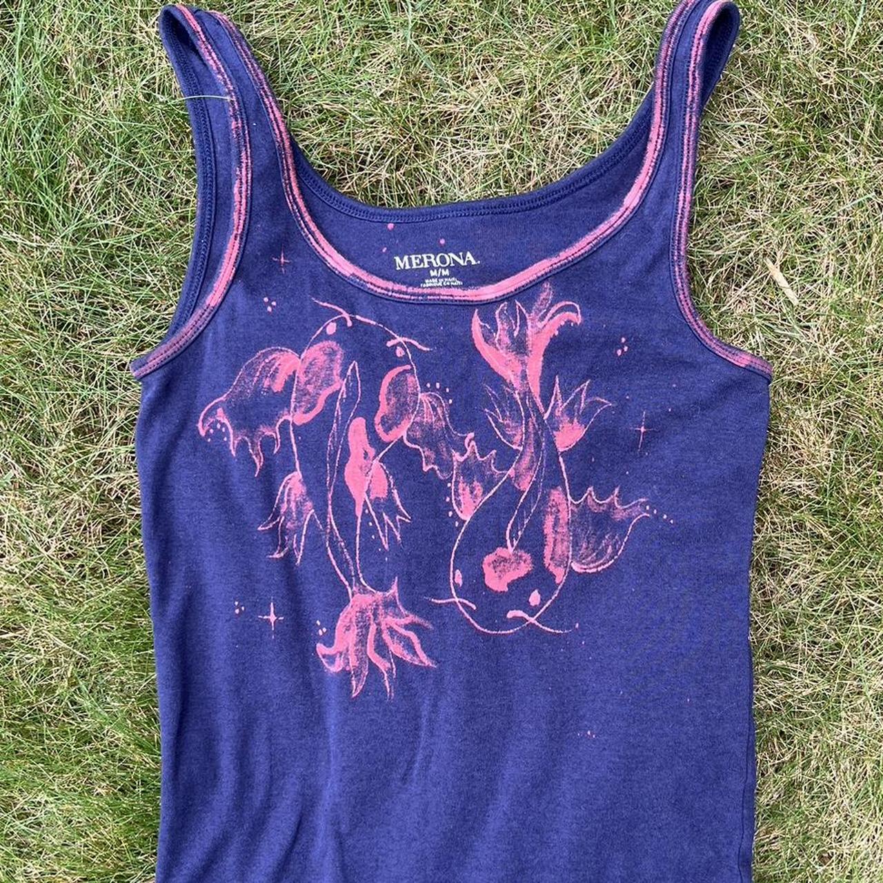 navy blue bleach painted koi fish tank top top is... | Depop