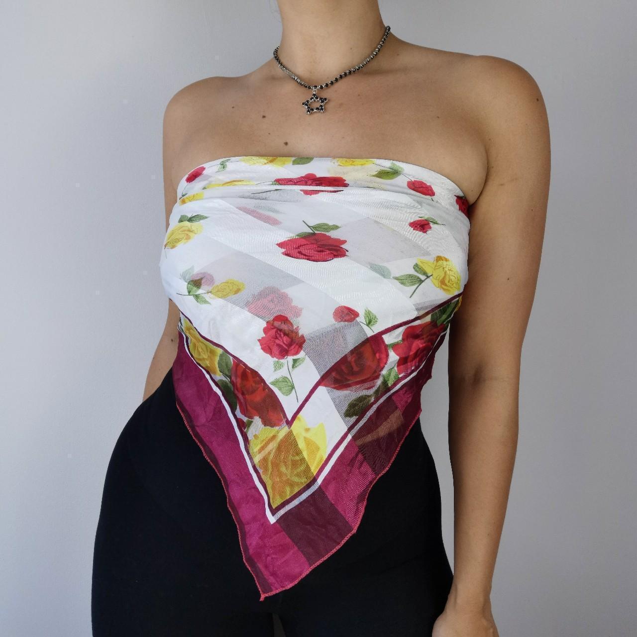 vintage floral square scarf top red yellow and... - Depop