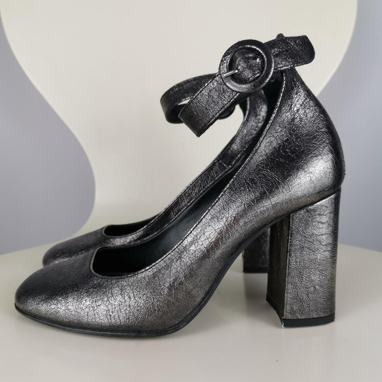 vintage grey silver metallic leather heels buckle... - Depop