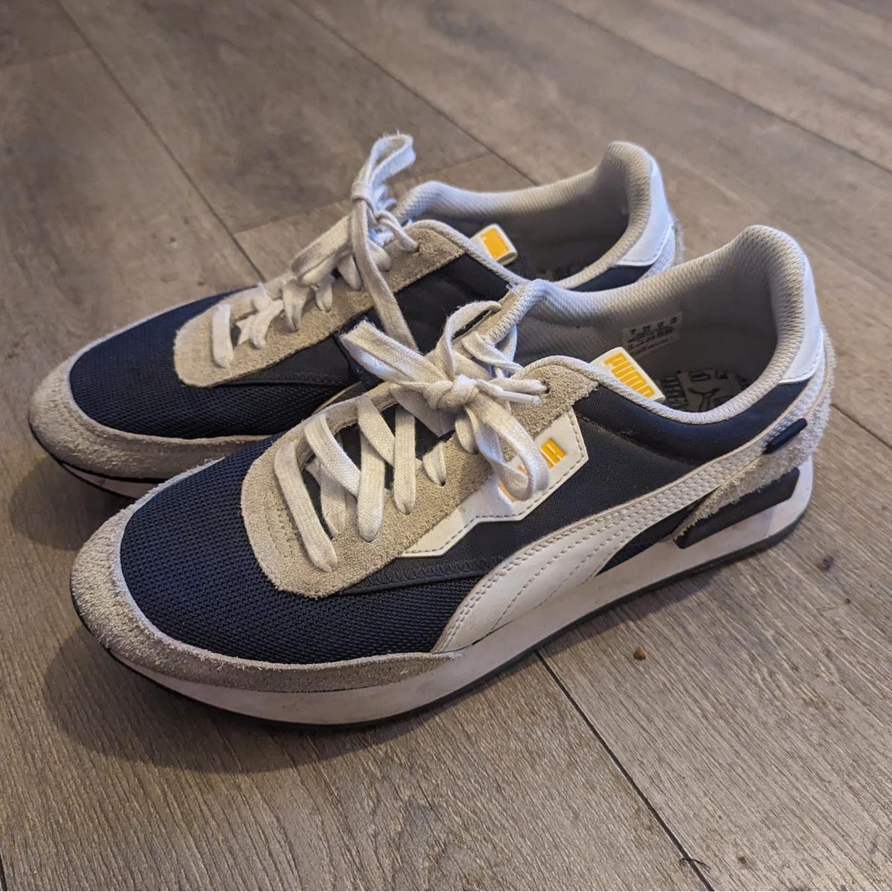 Puma future rider trainers in navy and grey. Worn a... - Depop