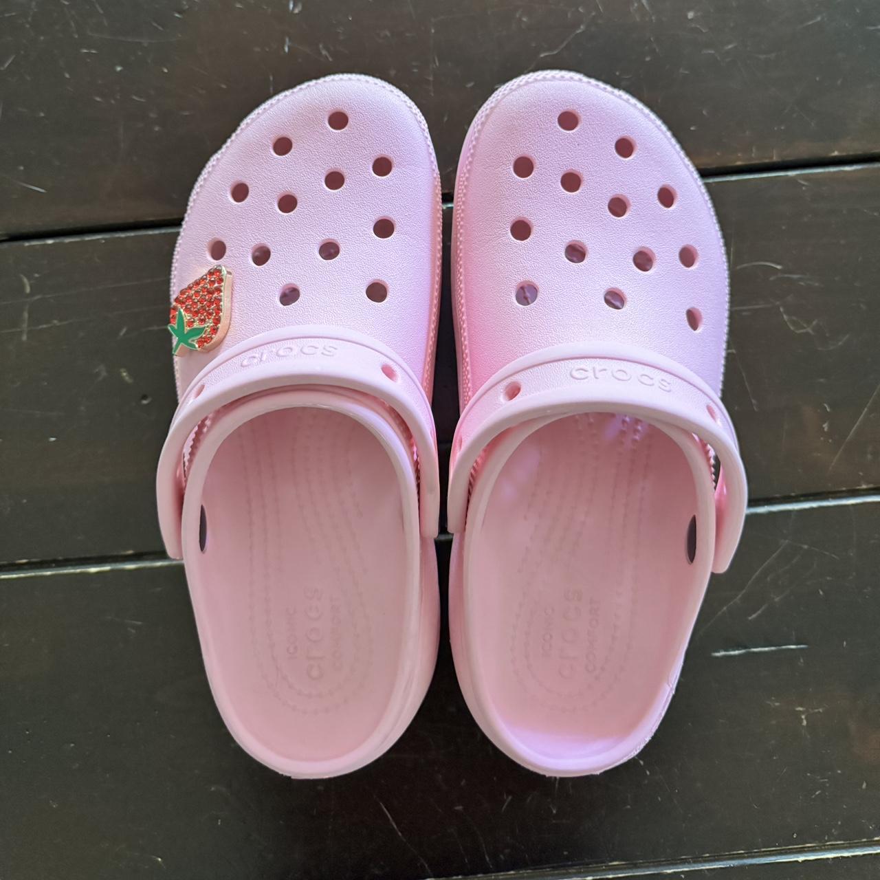 pink platform crocs with strawberry gibit womens... - Depop