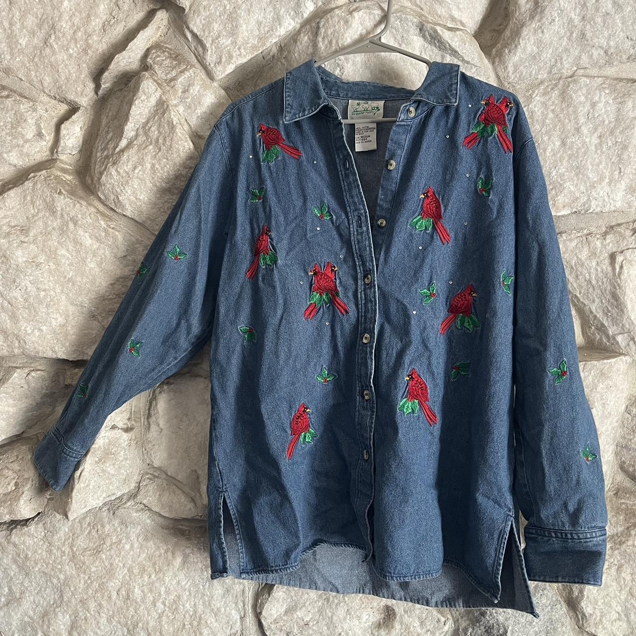 The Quacker Factory denim button down with cardinal... | Depop