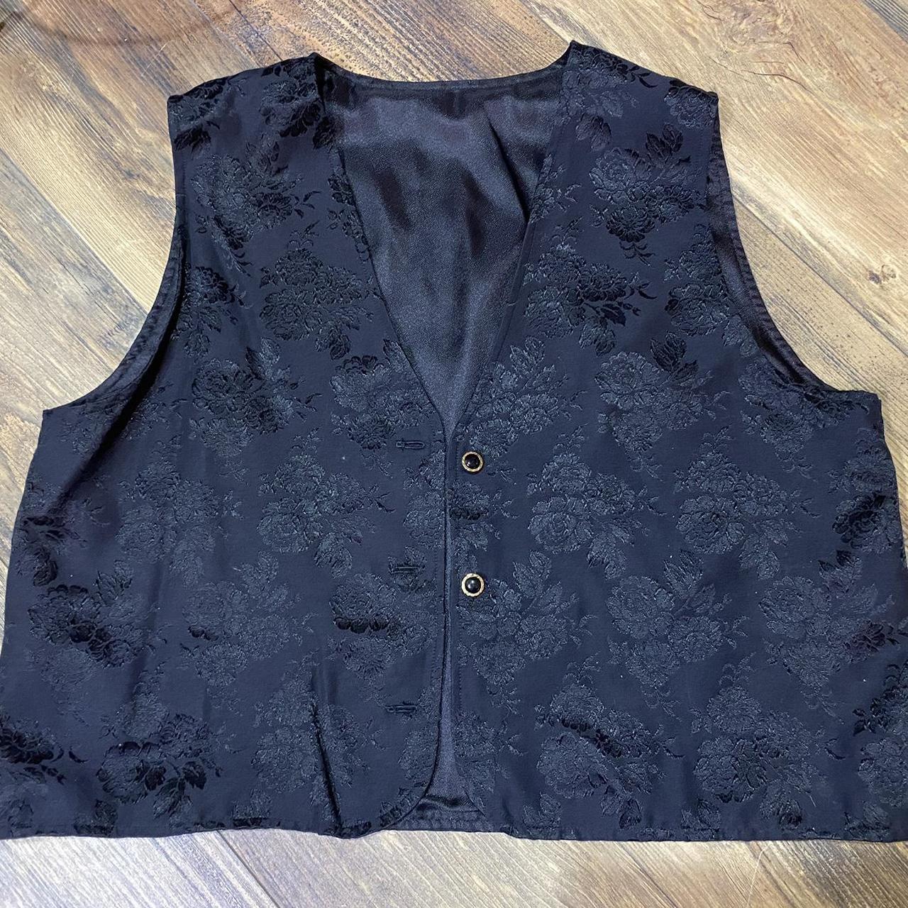 L / XL black rose patterned button up vest, bottom... - Depop