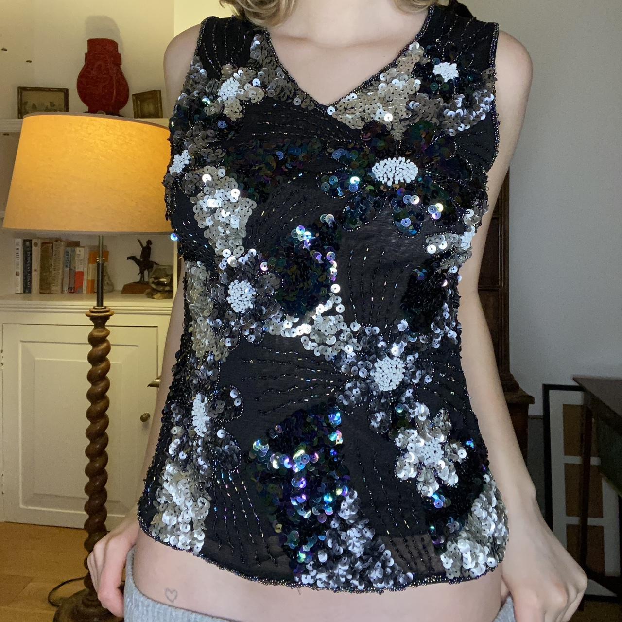 mesh sequin and beaded tank top with flower pattern... - Depop