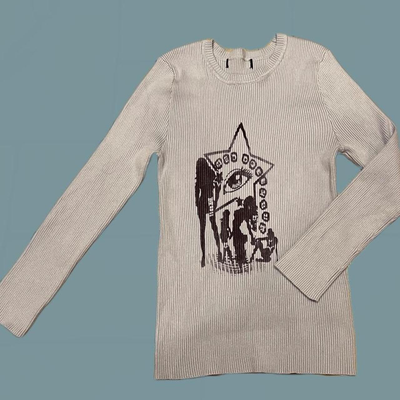 light blue ribbed sweater with screenprint... - Depop