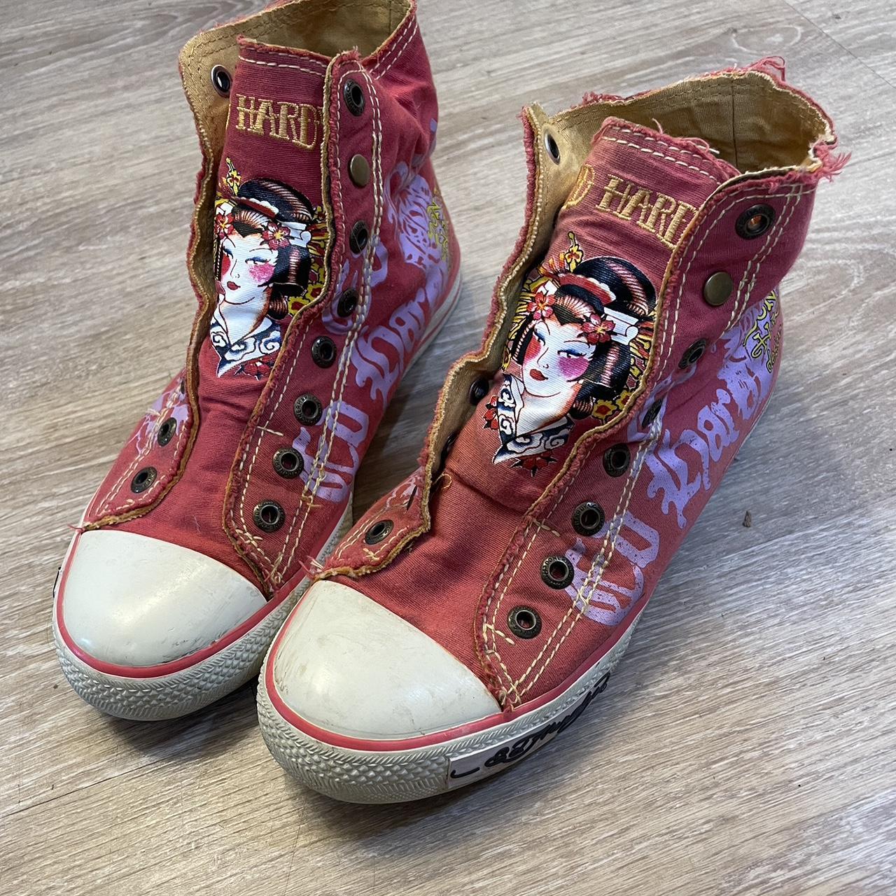 ed hardy high top converse size 8 women's - Depop