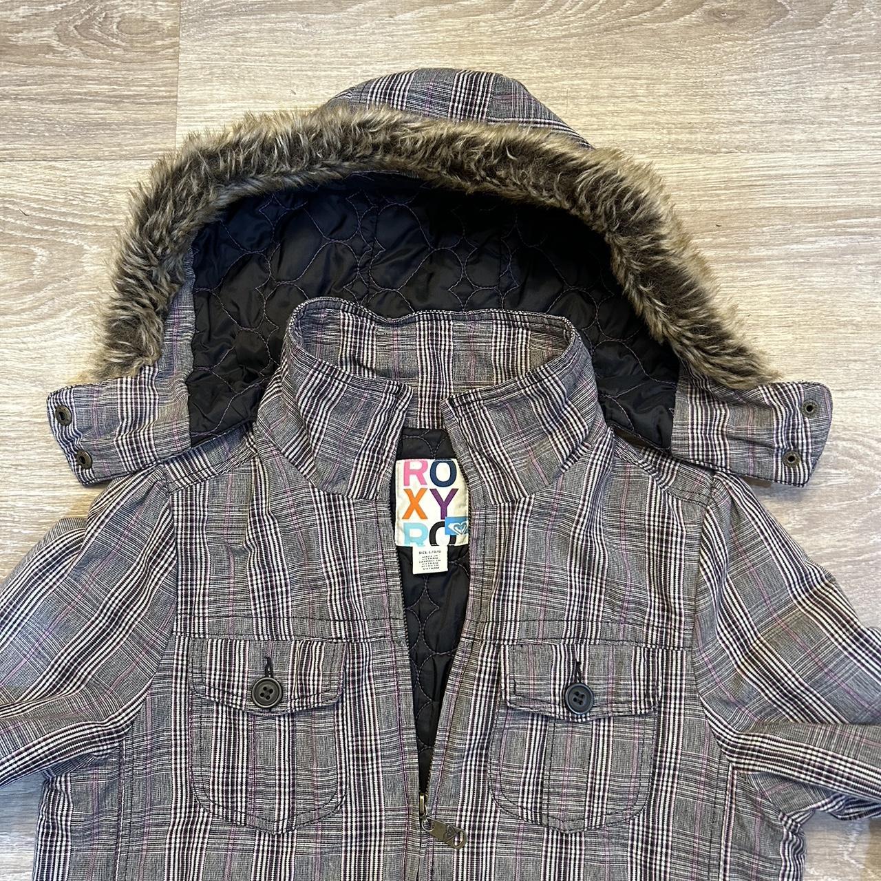 grey pink plaid fur hood jacket early 2000s roxy... - Depop