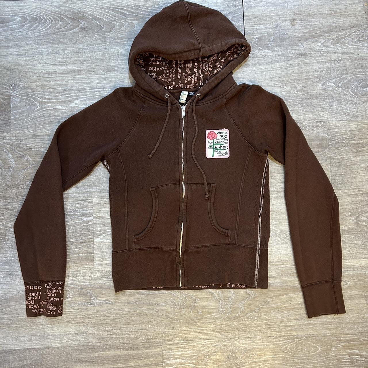 volcom brown zip up hoodie graphic size small - Depop